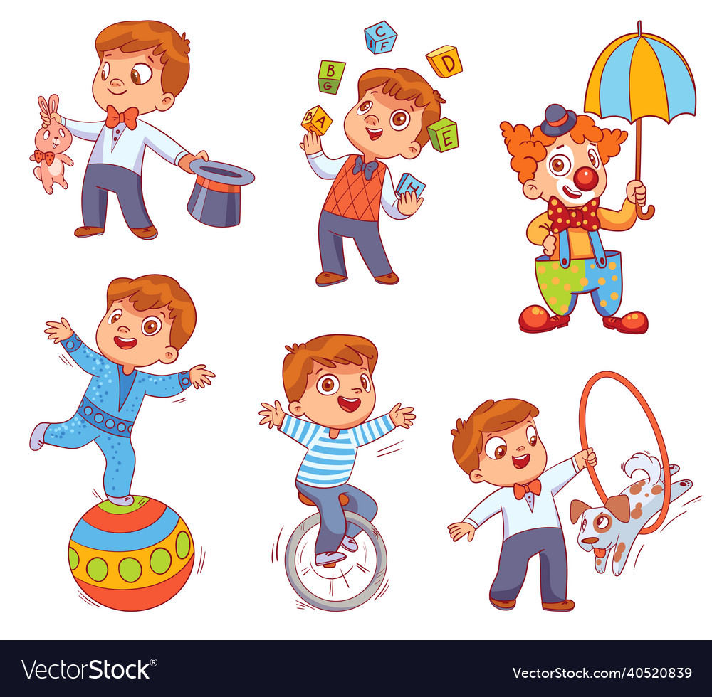 Boy performs different circus tricks Royalty Free Vector