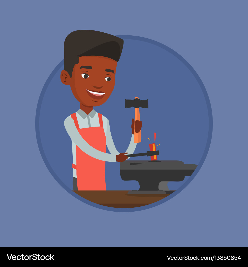 Blacksmith working metal with hammer on the anvil Vector Image