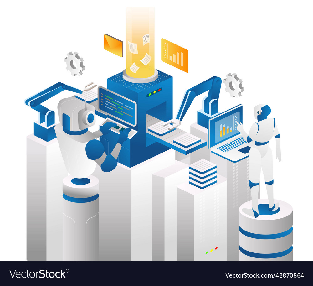 Robot is controlling automatic machine Royalty Free Vector