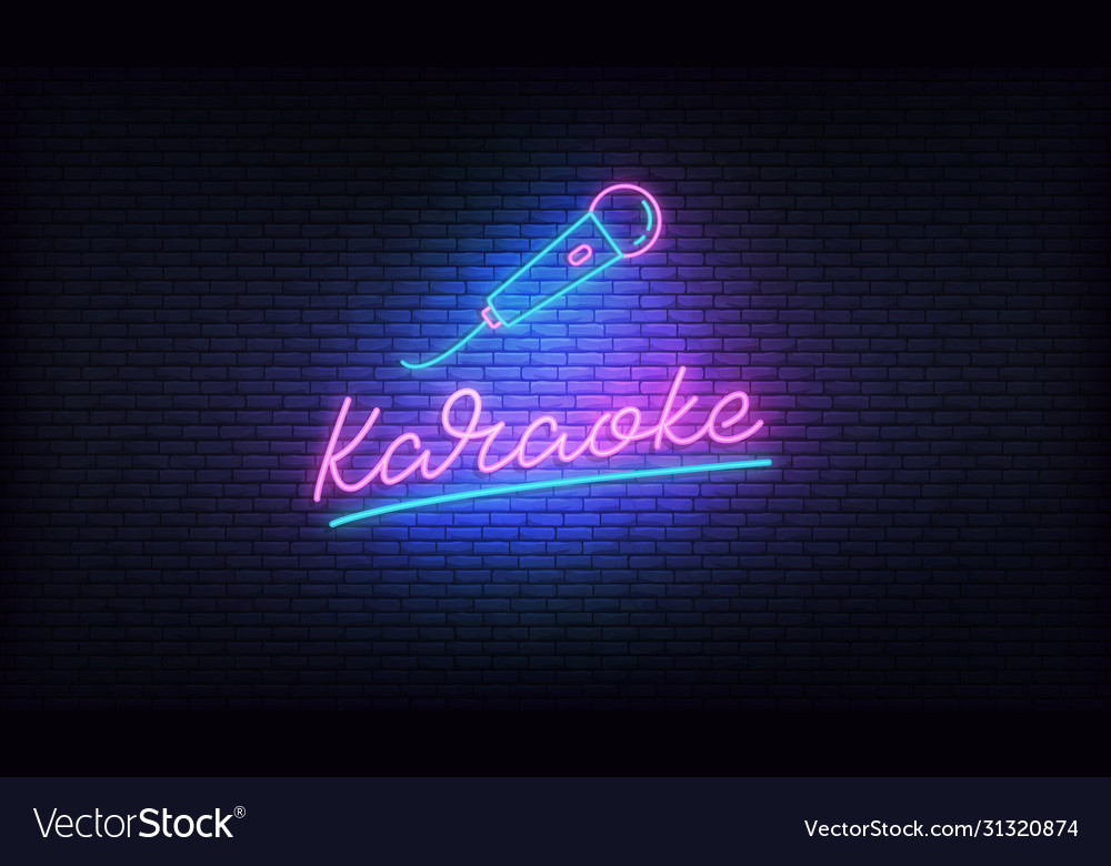 Karaoke Neon Neon Label With Microphone Royalty Free Vector