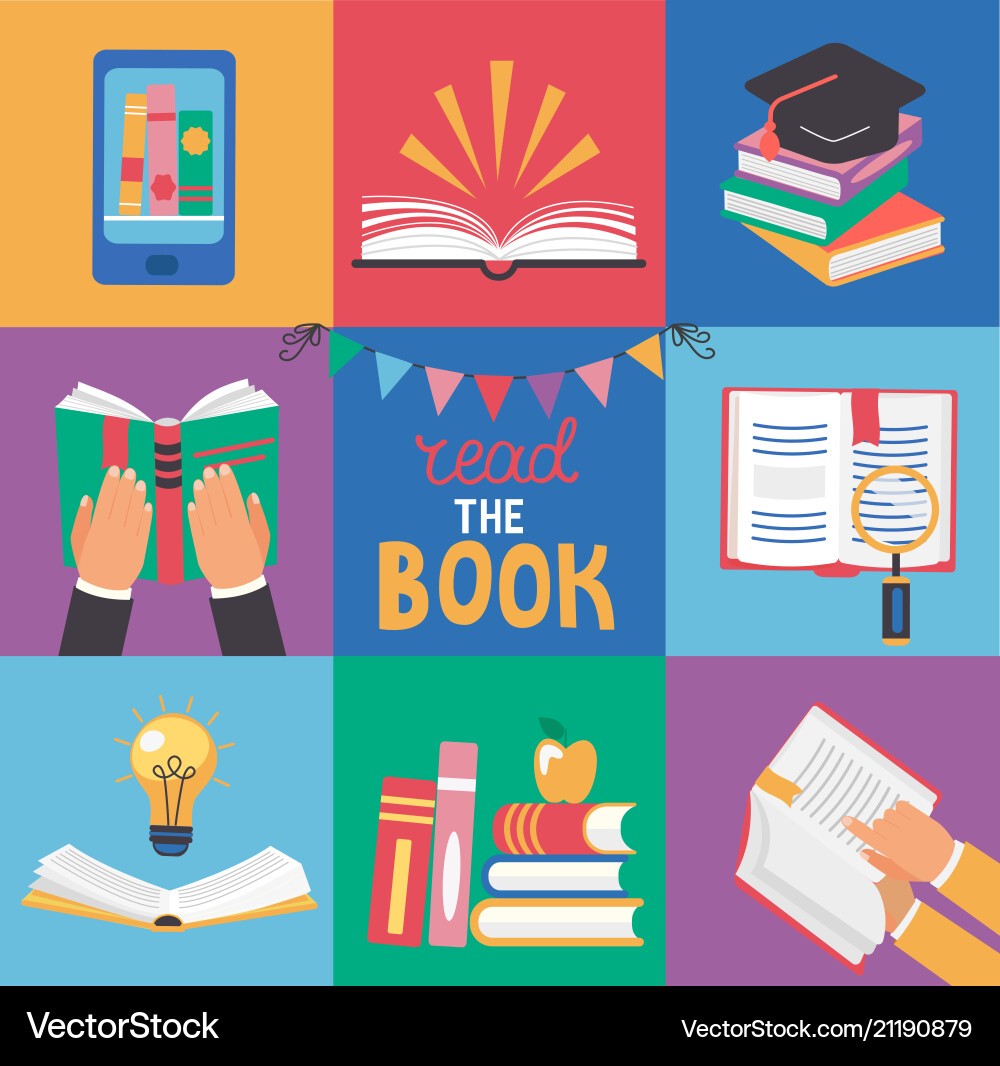 Set of 9 icons with book concepts Royalty Free Vector Image