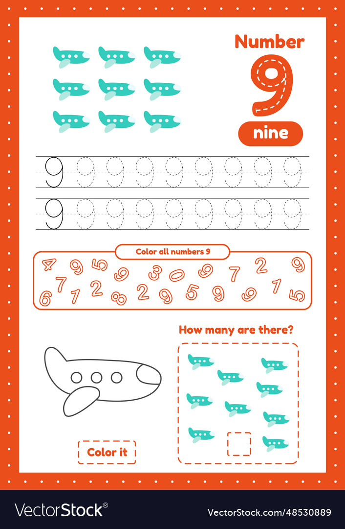 Learning numbers number 9 trace color counting Vector Image