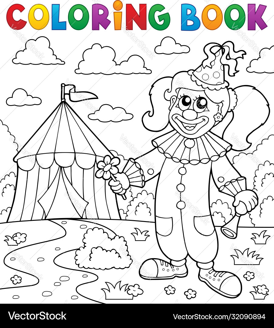 Coloring book clown near circus theme 7 Royalty Free Vector