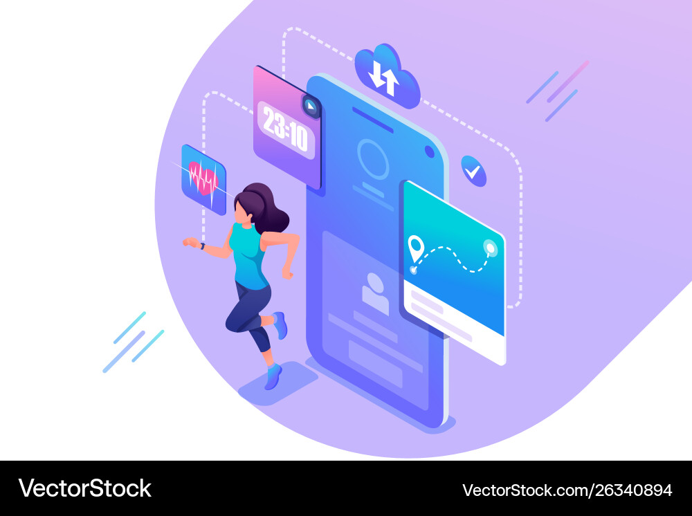 Isometric concept young girl running program Vector Image