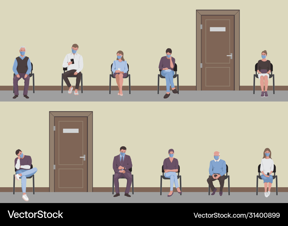 Social distancing people sitting on chairs in Vector Image