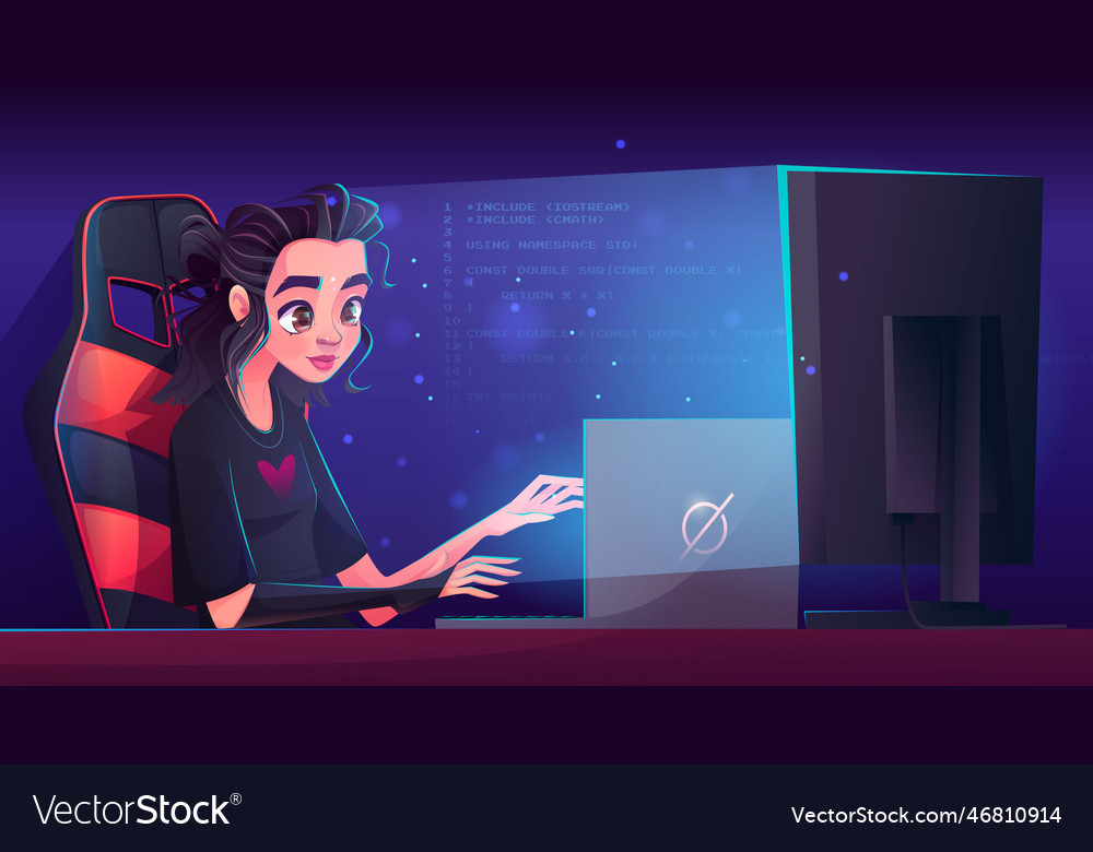 Female programmer working on computer at night Vector Image