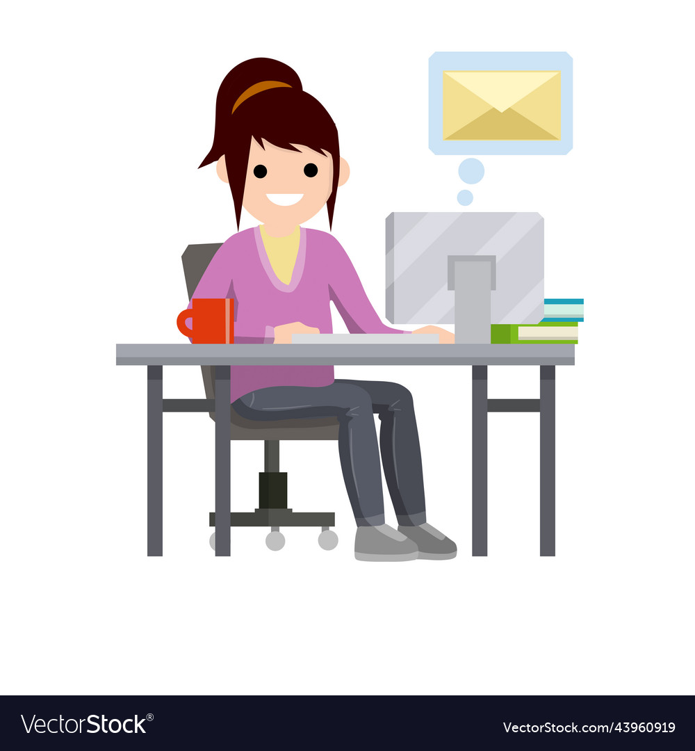 Young woman sit at table with computer Royalty Free Vector