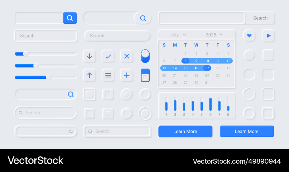 Neumorphic ui kit screen buttons search forms Vector Image