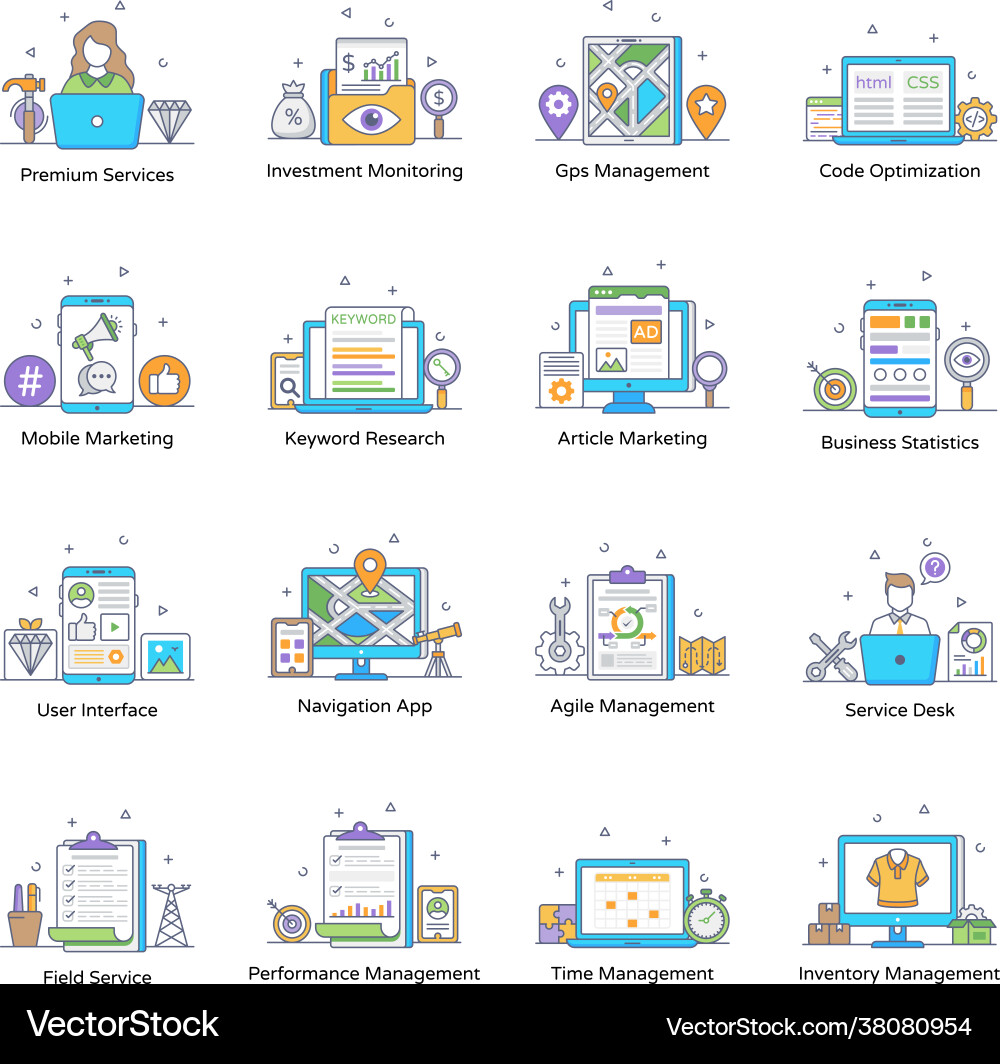 Operations and business management flat line icons