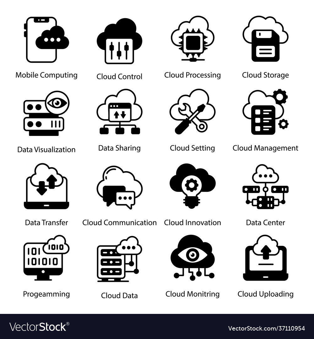 Pack cloud technology solid icons Royalty Free Vector Image