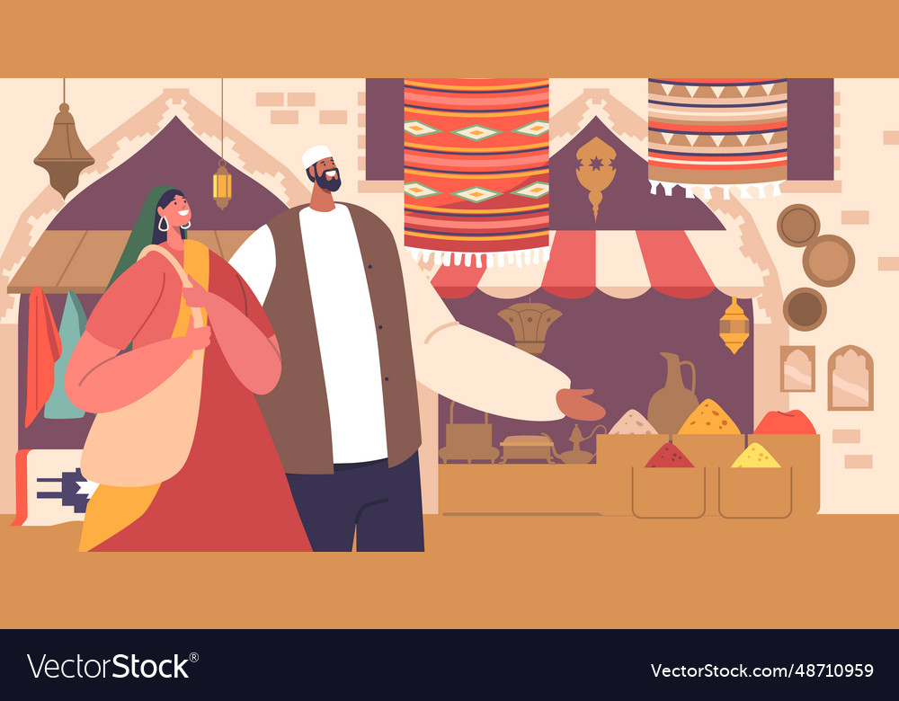 Bustling arab market scene with colorful stalls Vector Image Bustling arab market scene with colorful stalls Vector Image