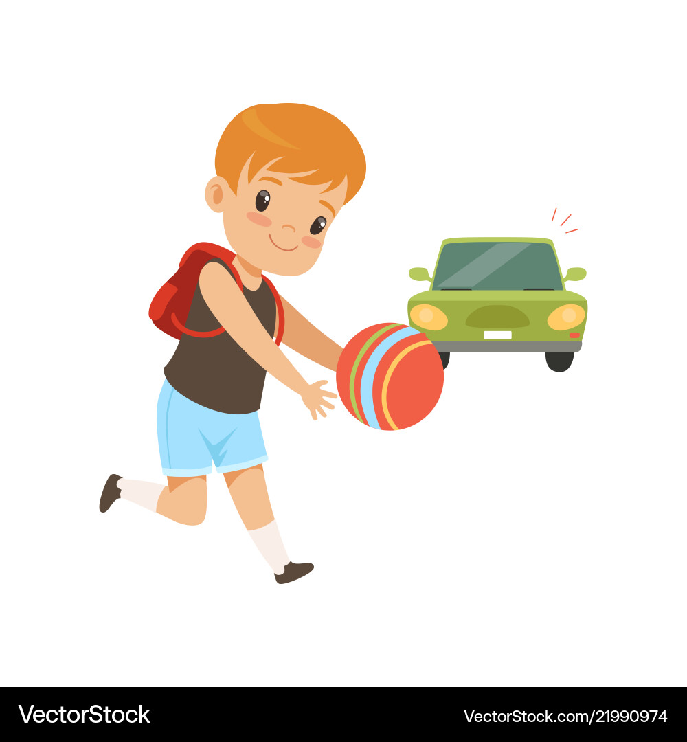 Boy playing ball in front moving car kid in Vector Image