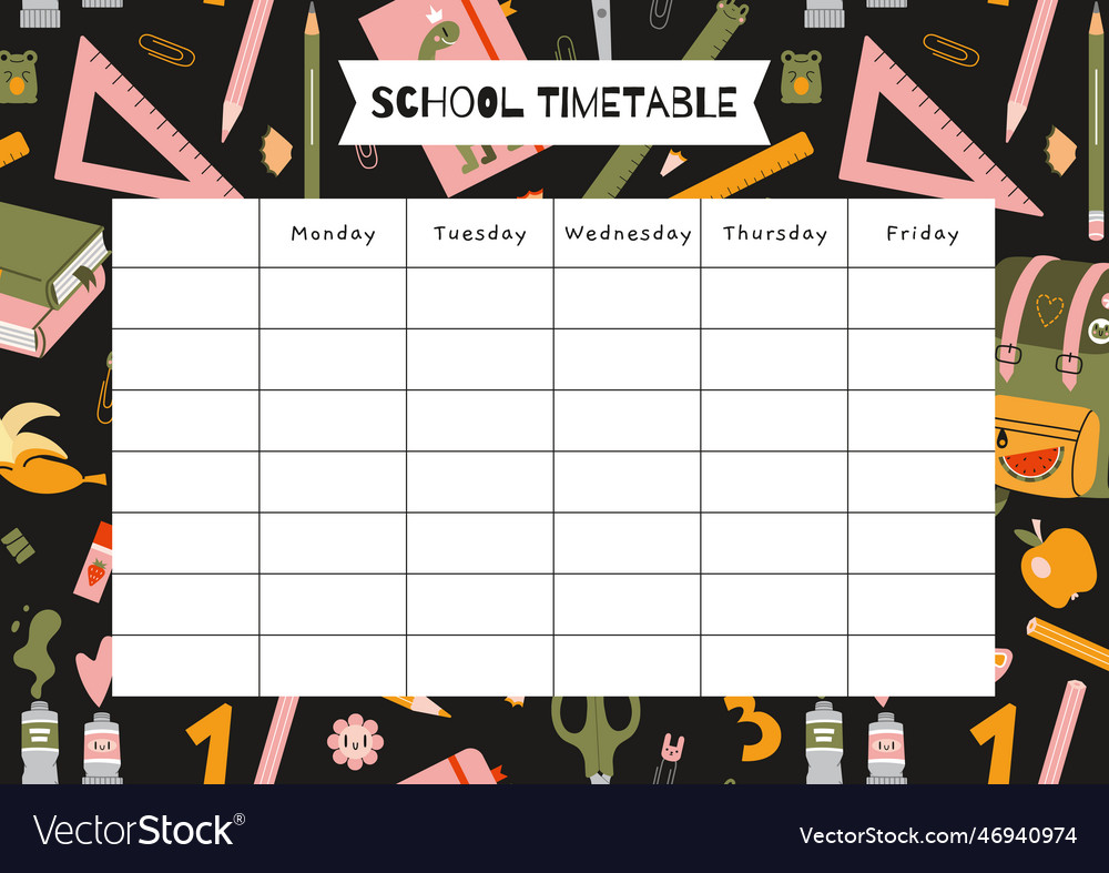 Cute school timetable with stationery and art Vector Image