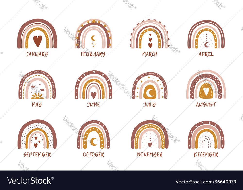 Rainbows in boho style with months scandinavian Vector Image
