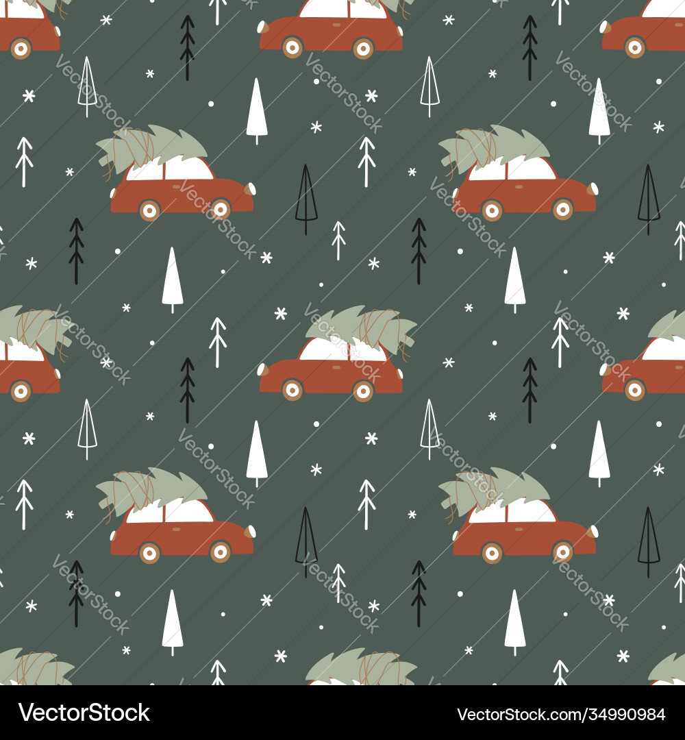 Christmas time seamless pattern with car Vector Image