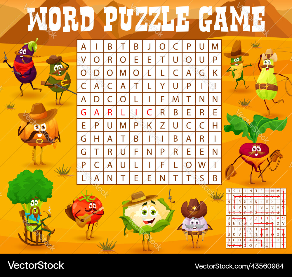 Cowboy vegetable characters on word search puzzle Vector Image