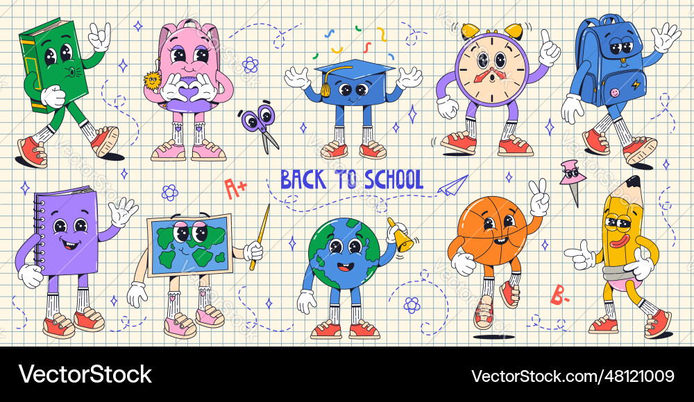 Set isolated school supplies groovy characters Vector Image