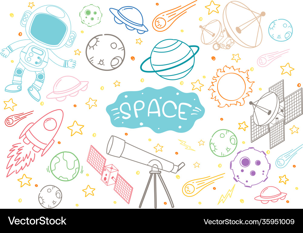 Set space element doodle isolated on white Vector Image
