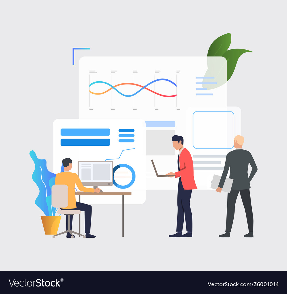 Business men working on computers and analyzing Vector Image