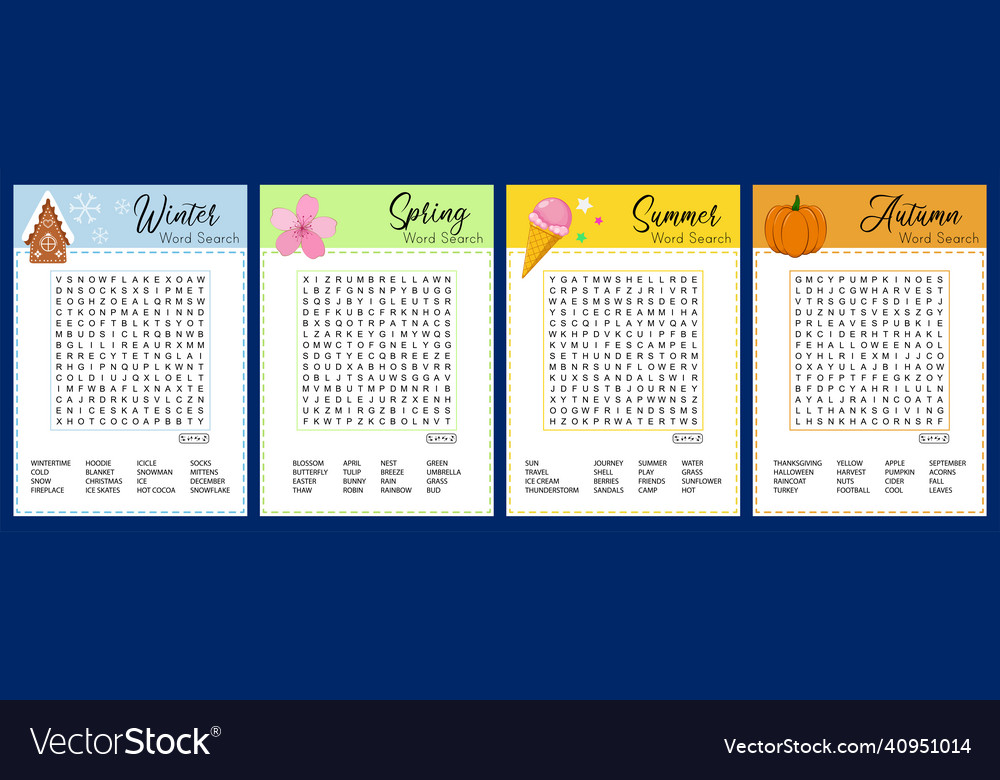 Collection of seasons word search puzzle Vector Image