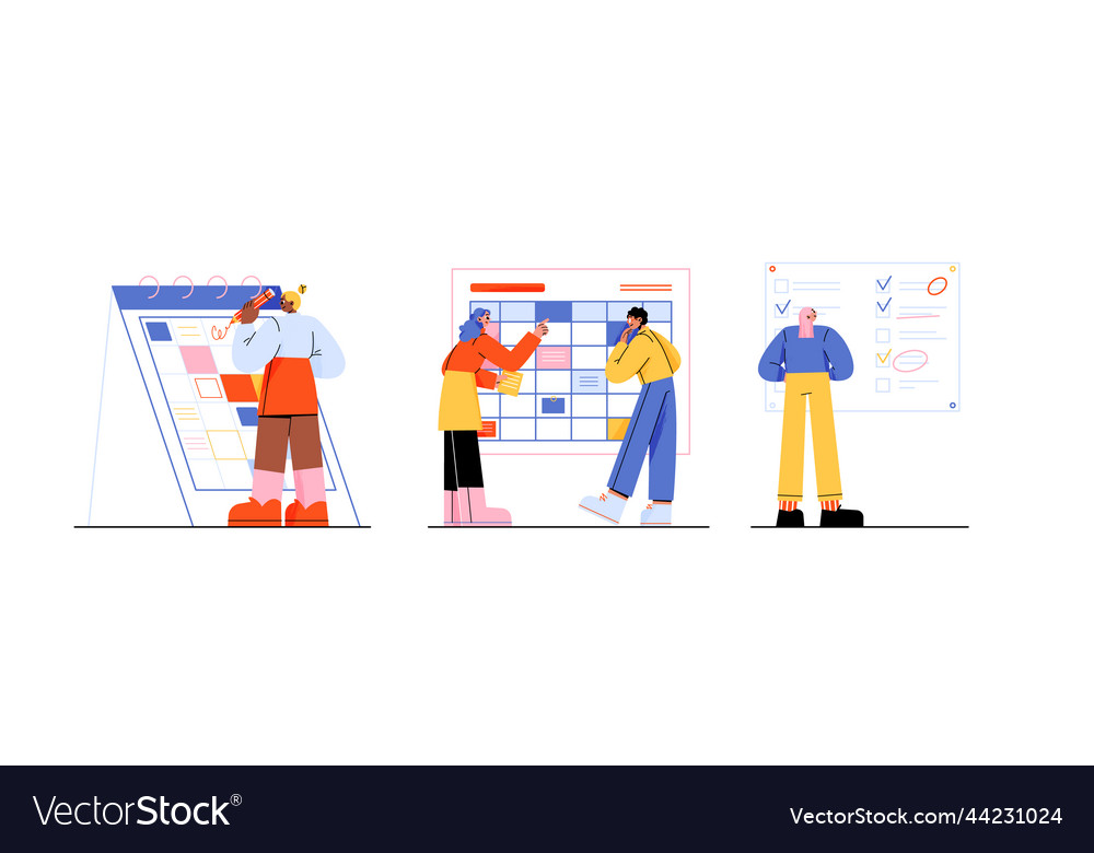 Tasks schedule concept with people making notes Vector Image Tasks schedule concept with people making notes Vector Image