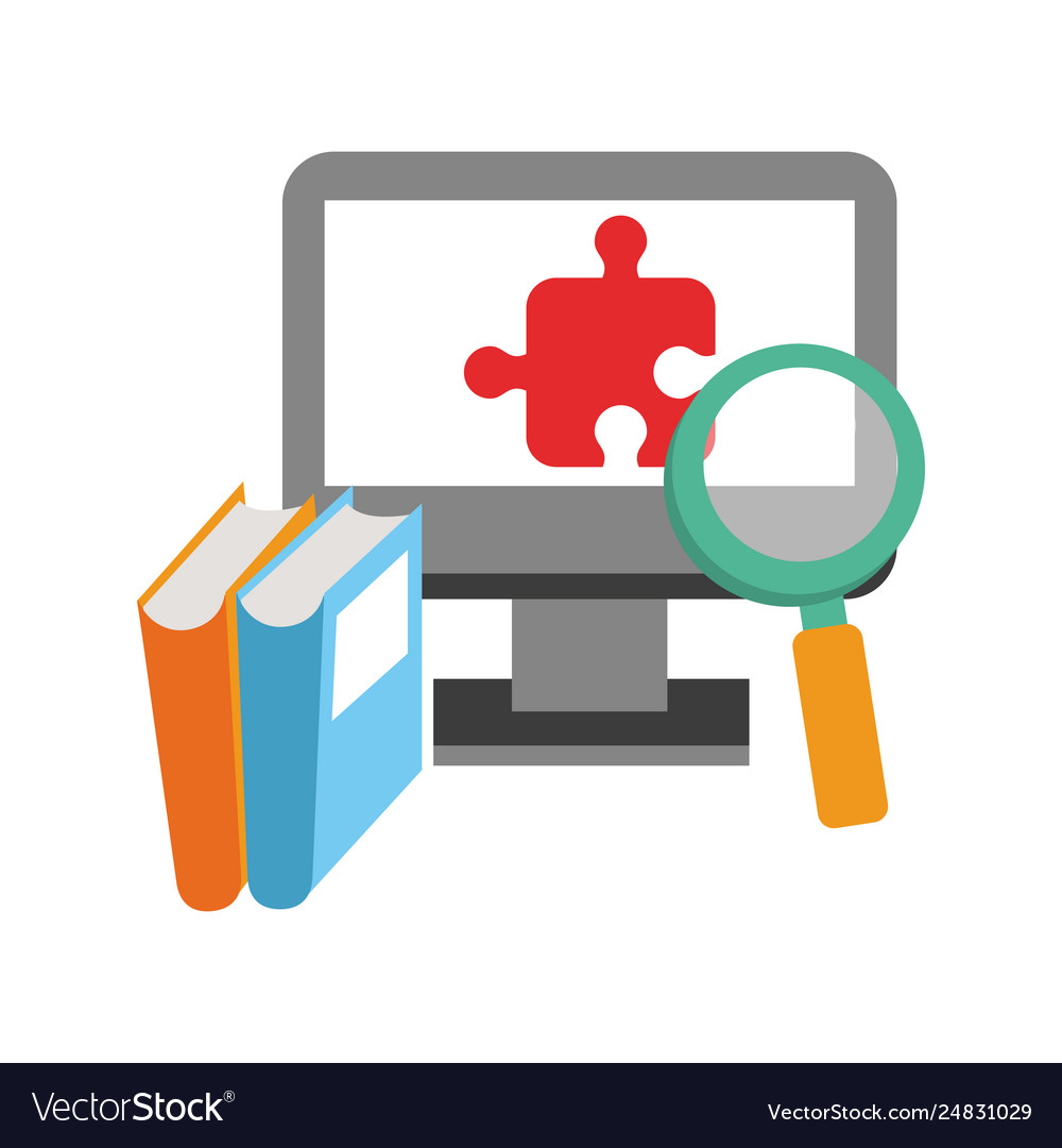 computer-with-magnifying-glass-and-books-symbols-vector-image
