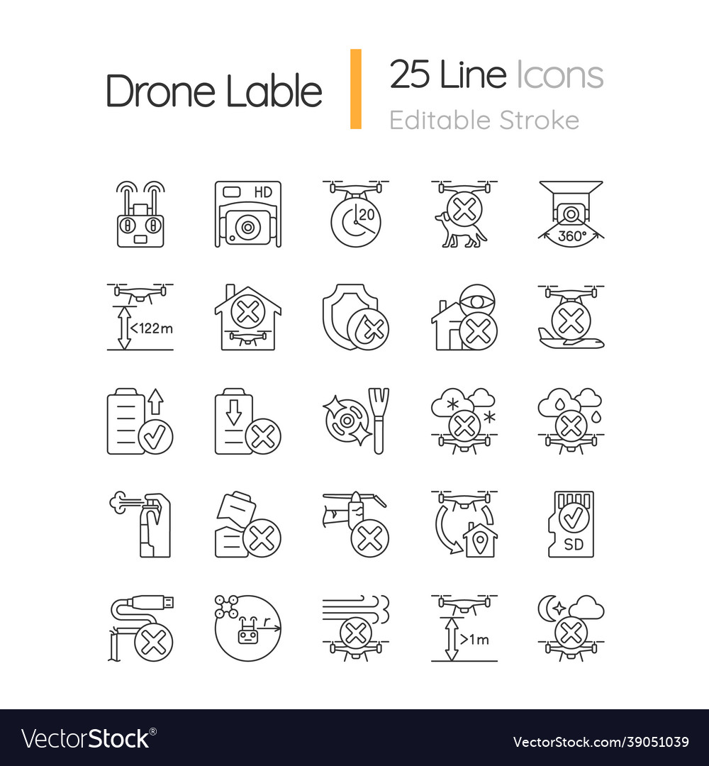 Drone usage linear manual label icons set Vector Image