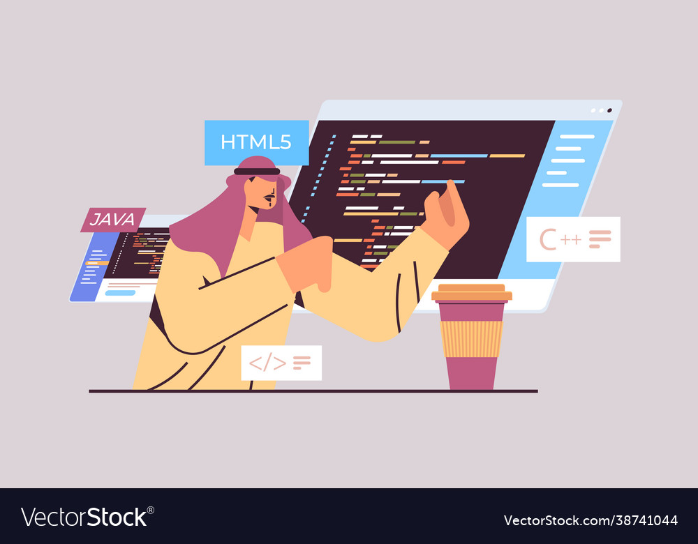 Arab Programmer Writing Code For Computer App Vector Image