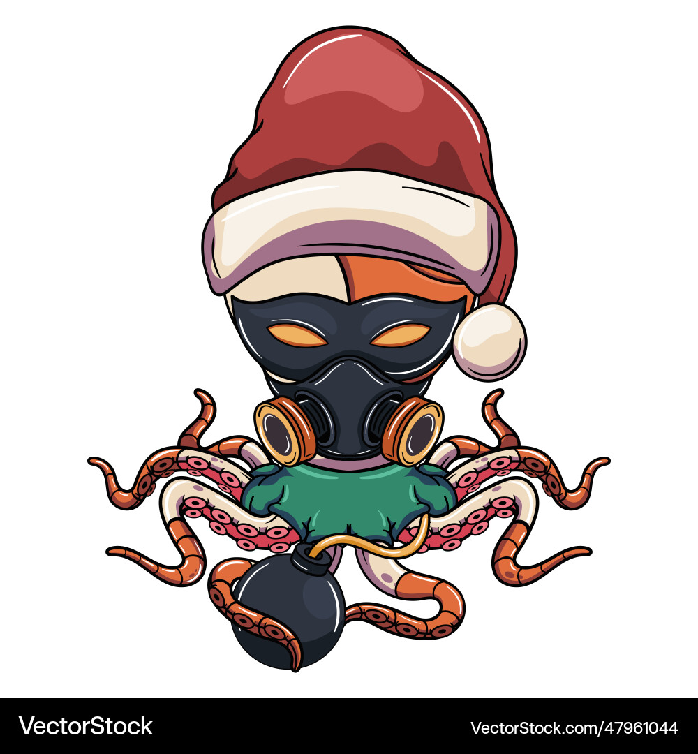 Cartoon cyborg octopus with christmas hat Vector Image