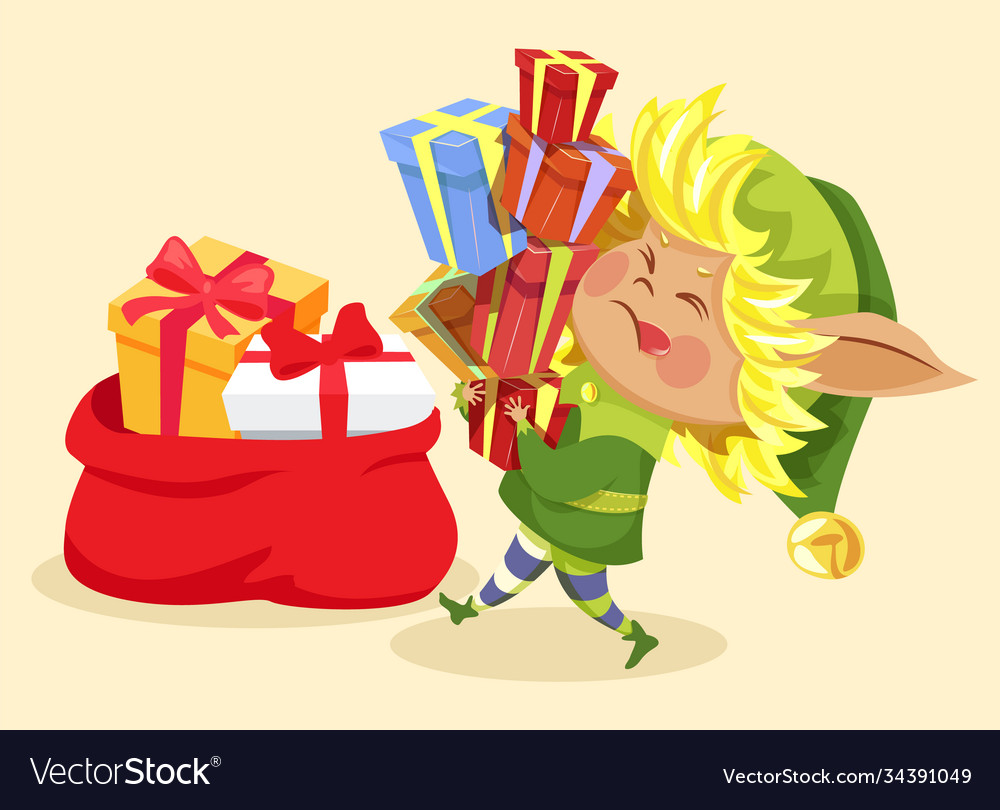 Christmas presents elf with gift boxes and bag Vector Image
