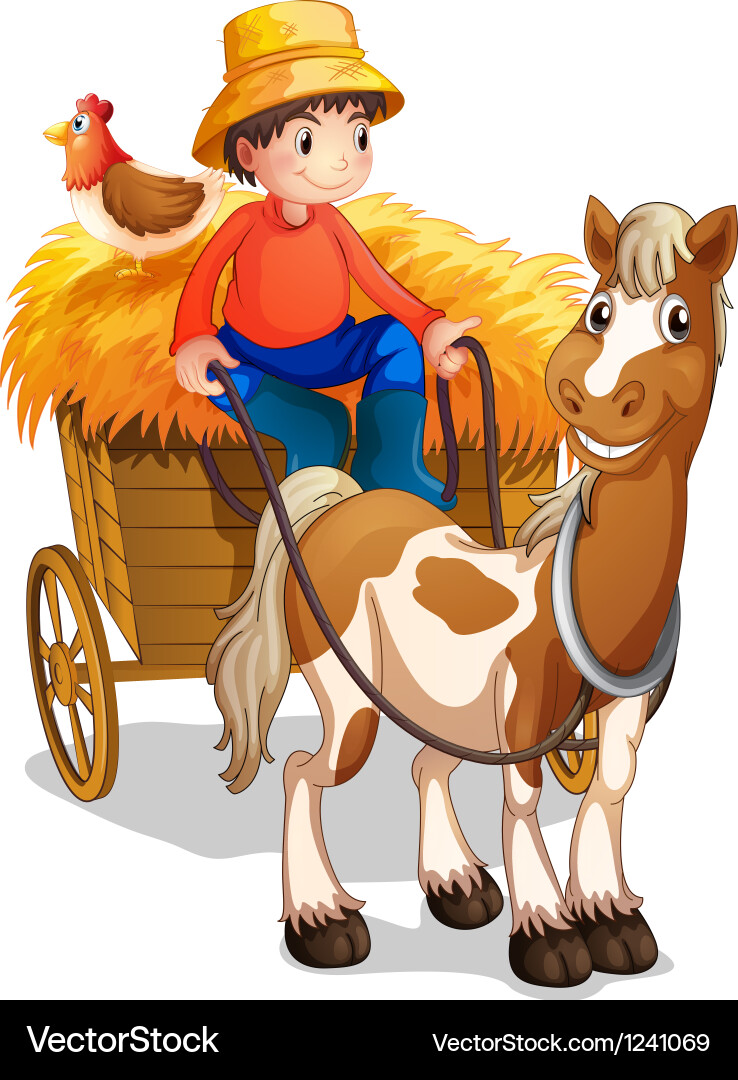 A farmer riding cart with chicken at his back Vector Image
