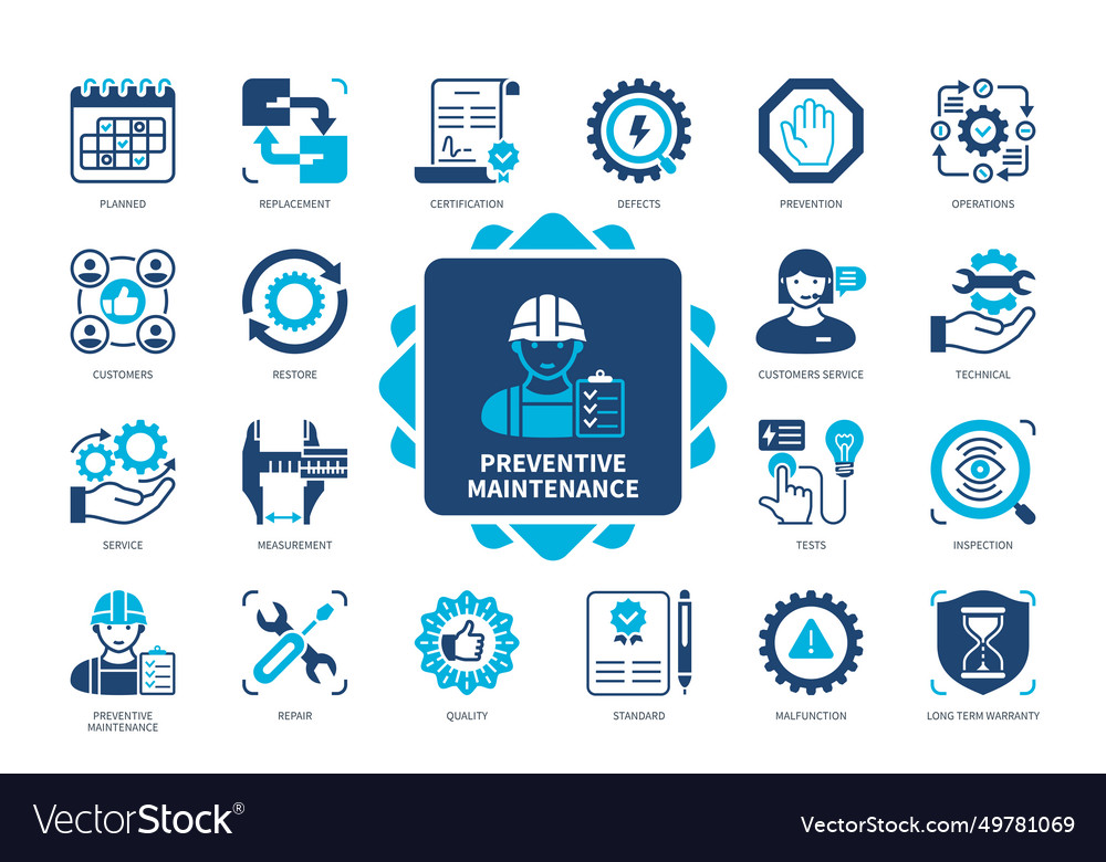 Preventive maintenance solid icon set Royalty Free Vector