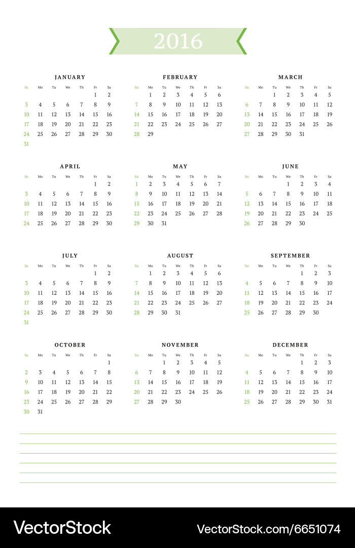 Calendar for 2016 year design print template week Vector Image
