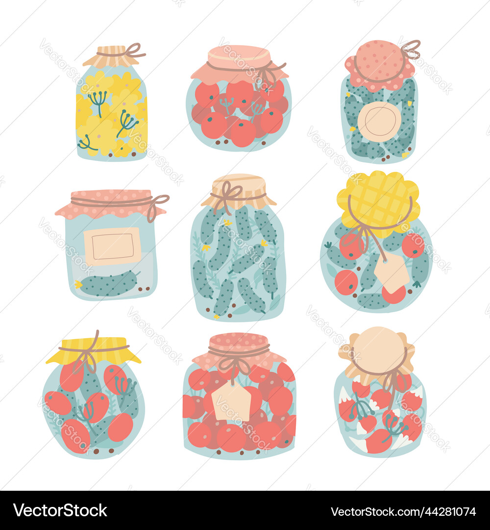 Pickled vegetables in glass jars set isolated Vector Image