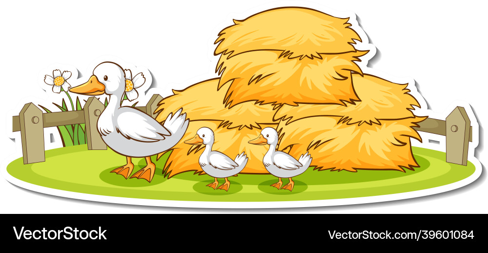 Duck family with haystack sticker Royalty Free Vector Image