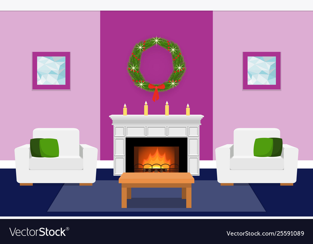 Living room interior with fireplace flat Vector Image