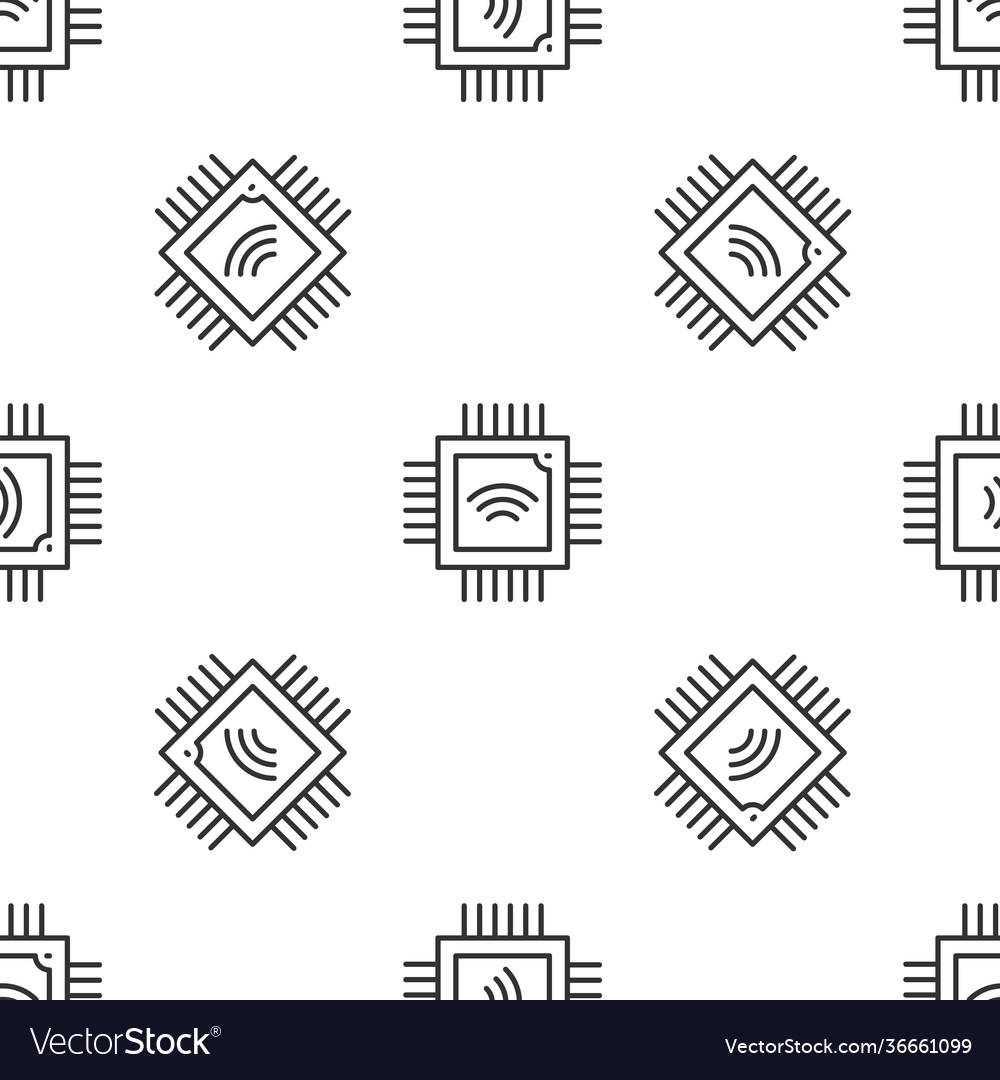 Grey Line Computer Processor With Microcircuits Vector Image