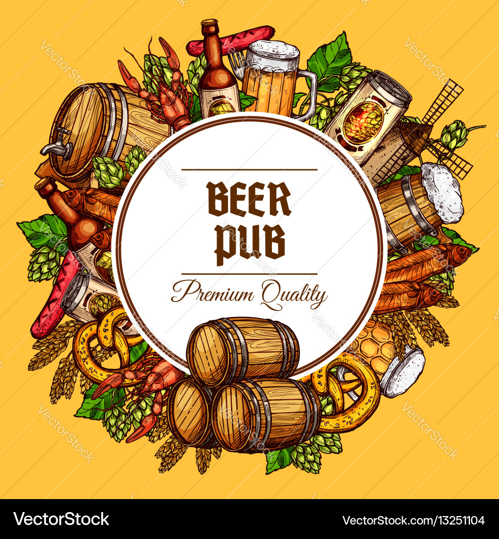 Beer pub barrels mugs and snacks poster Royalty Free Vector