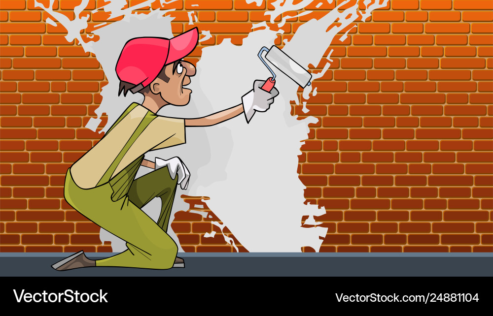Cartoon plasterer paints a brick wall with white Vector Image