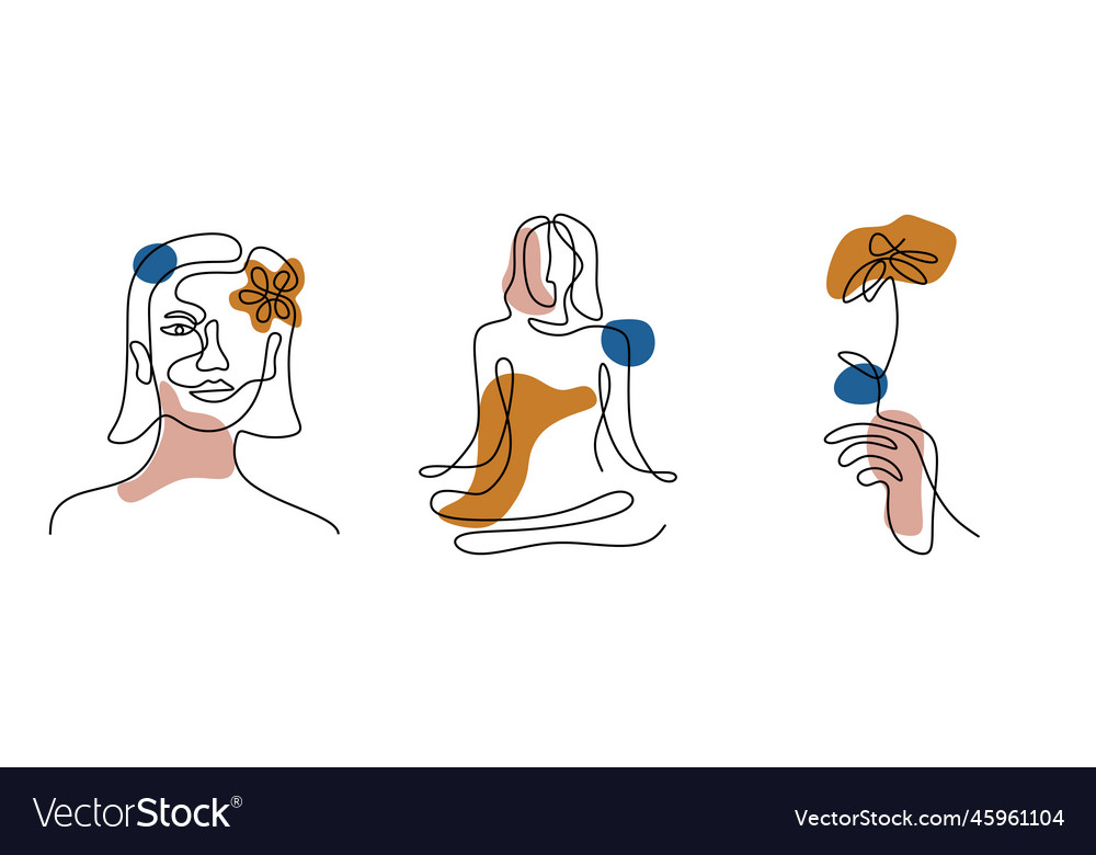 Set Of Womans Face Continuous One Line Art Style Vector Image