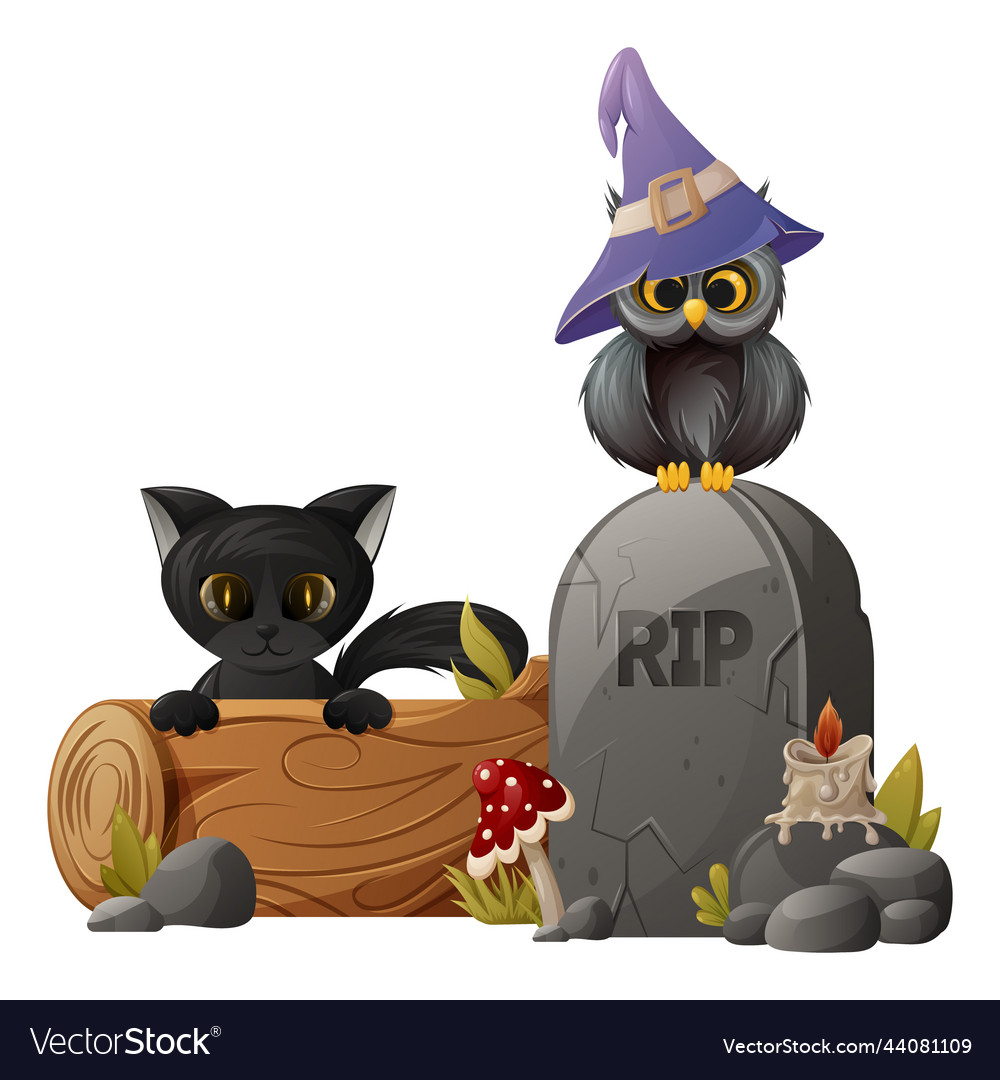 Cute halloween characters owl and cat Royalty Free Vector
