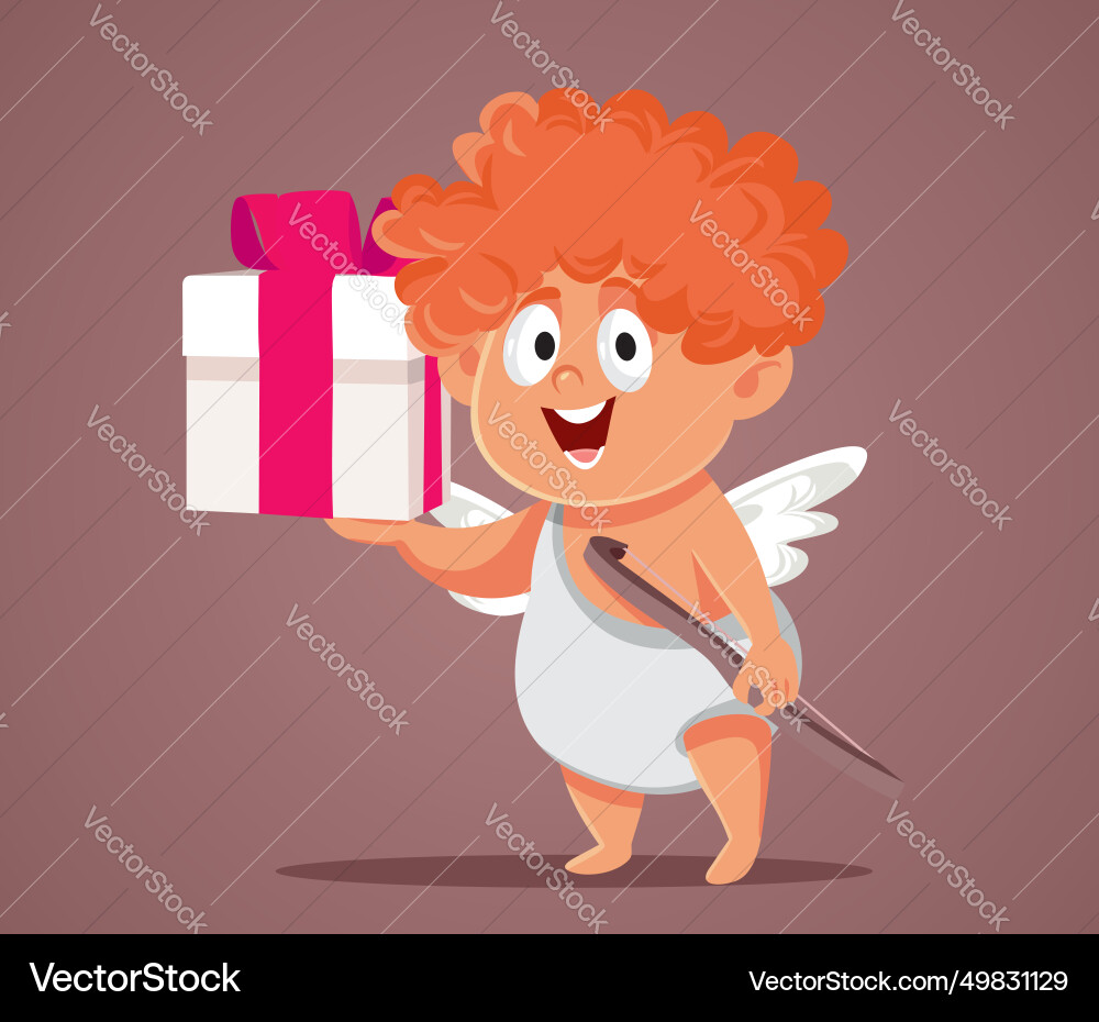 Cute cupid holding a gift box cartoon Royalty Free Vector