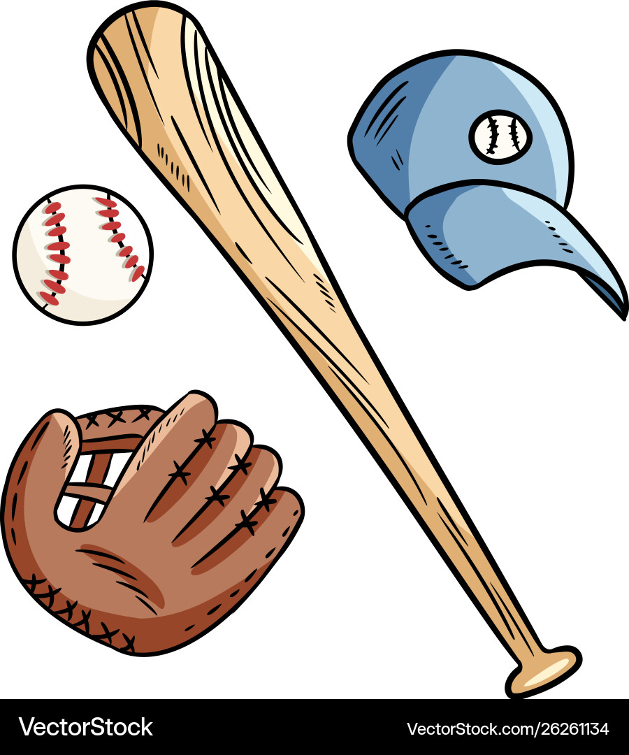 Baseball bat hat and catchig glove Royalty Free Vector Image