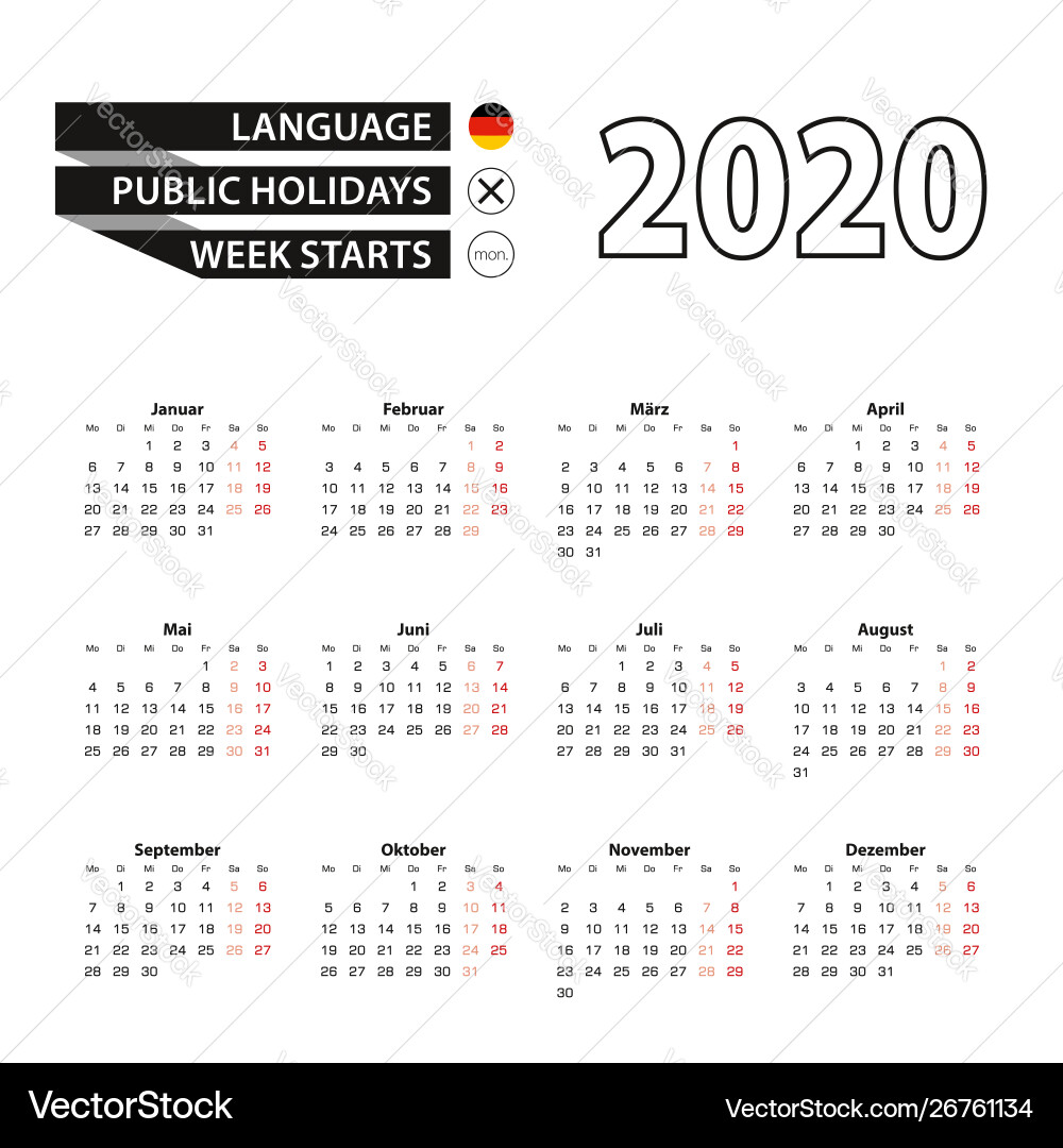 Calendar 2020 in german language week starts Vector Image