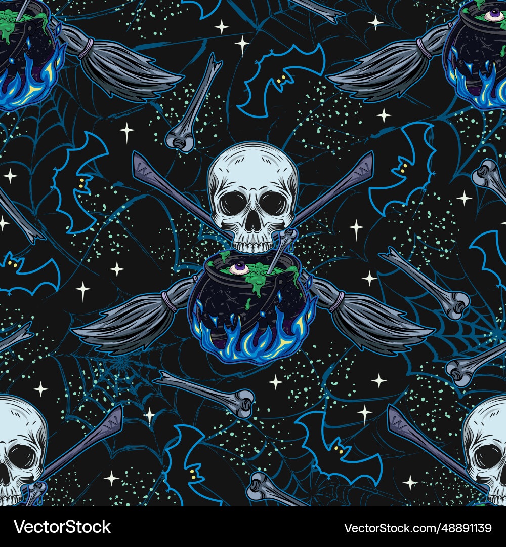 Blue pattern with witch cauldron skull brooms Vector Image
