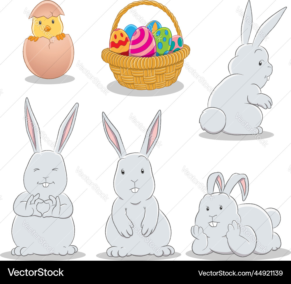 Easter bunnies eggs basket and a chick on white Vector Image