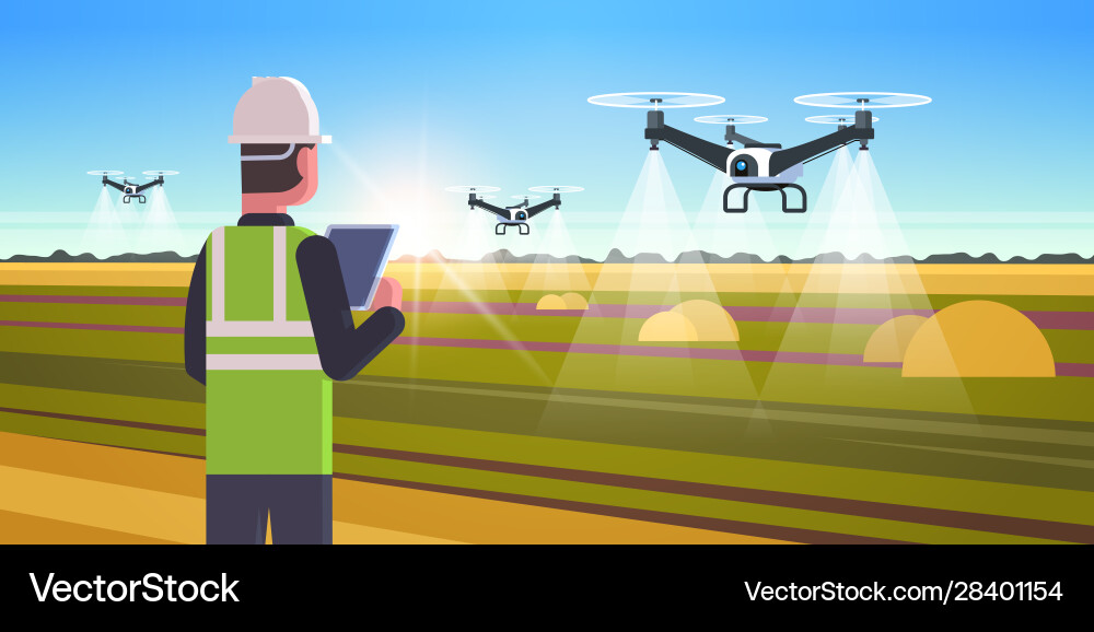 Farmer Using Drone Sprayer Quad Copter Flying To Vector Image