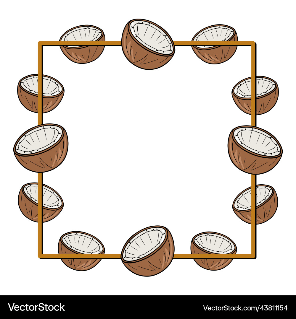 Square frame brown coconut fruit halves Royalty Free Vector