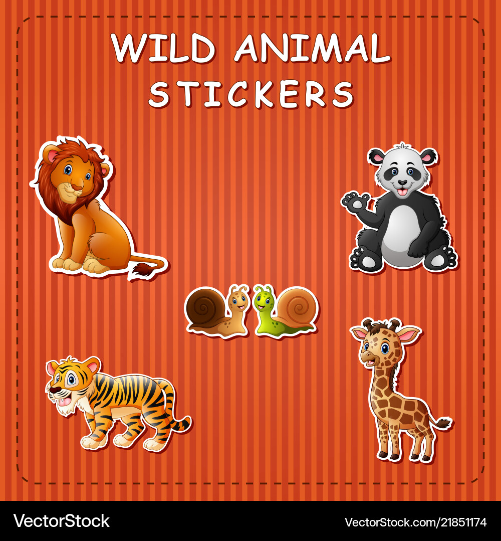 Cute cartoon wild animals on sticker Royalty Free Vector