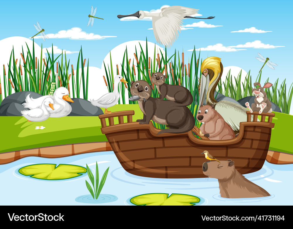Many animals on the boat Royalty Free Vector Image